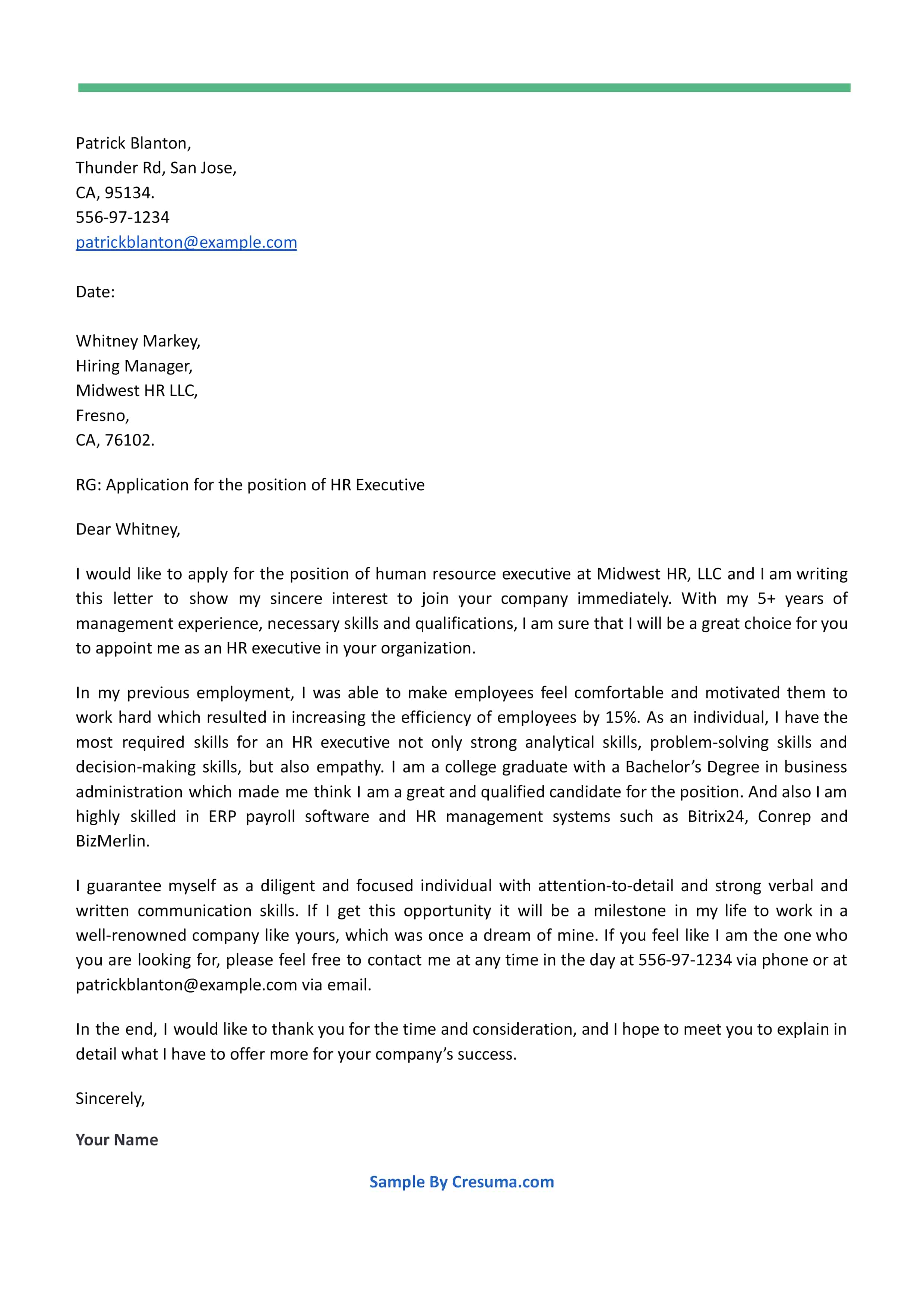 Human Resource HR Executive Cover Letter Example