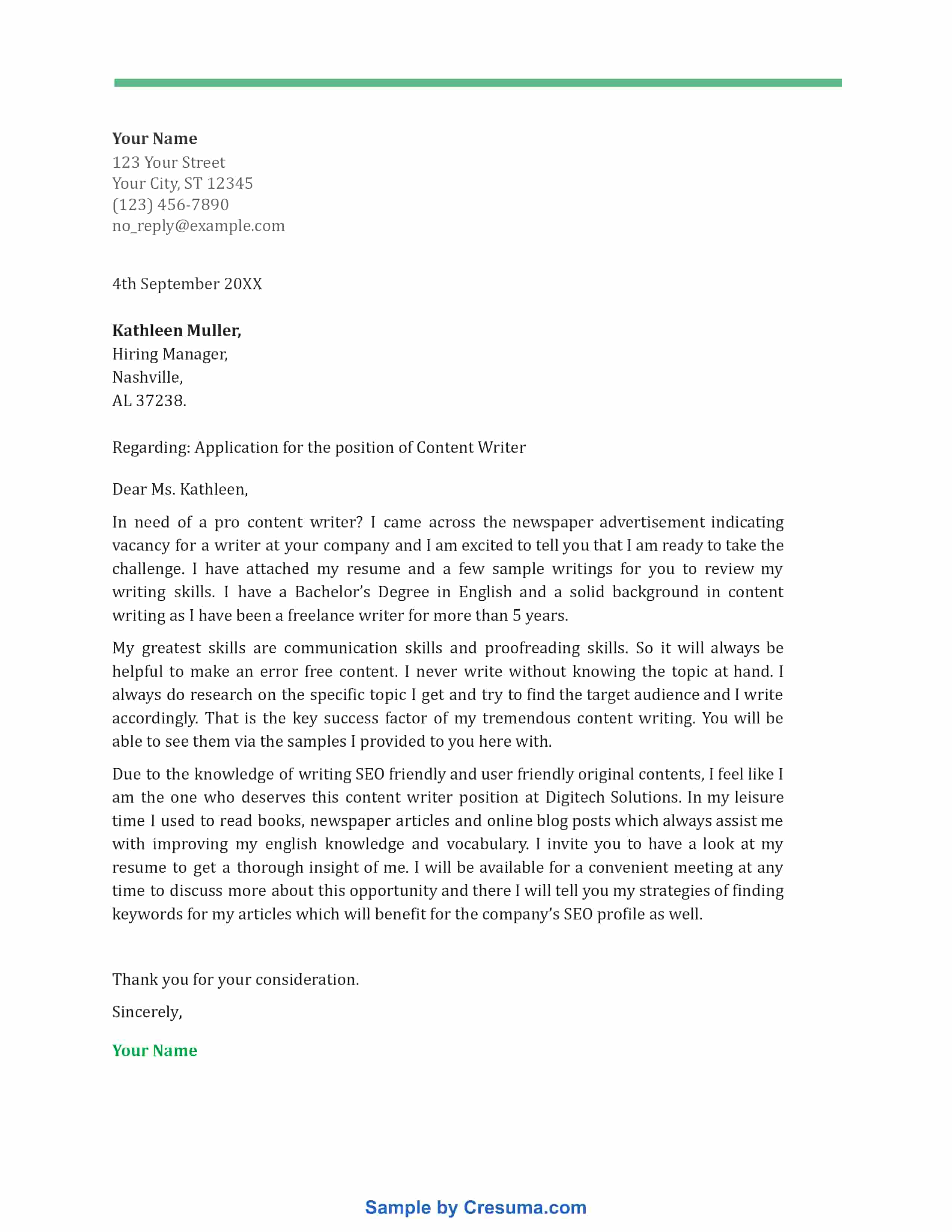 Cover Letter Example for a Content Writer | Cresuma