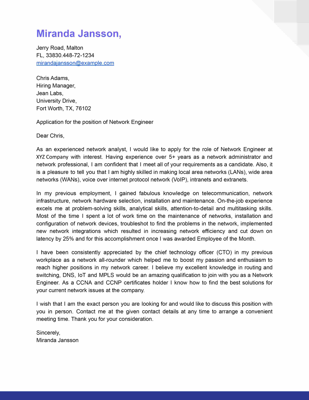 Network Engineer Cover Letter Samples & Guides | Cresuma