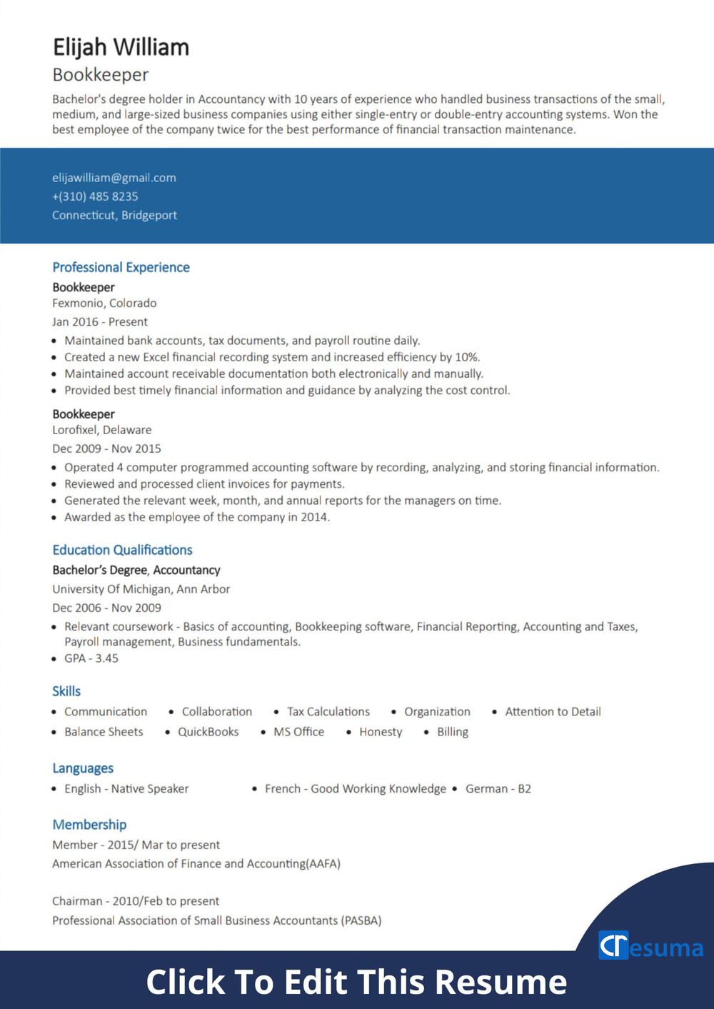 Book Keeper Resume Example and Writing Guide | Cresuma