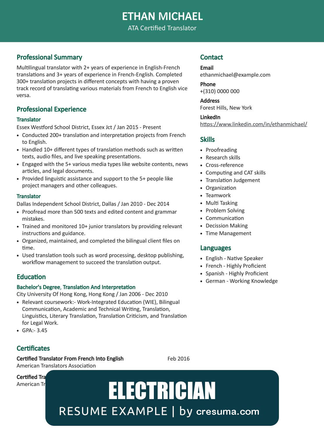 Translator Resume Example and Writing Guide | Cresuma