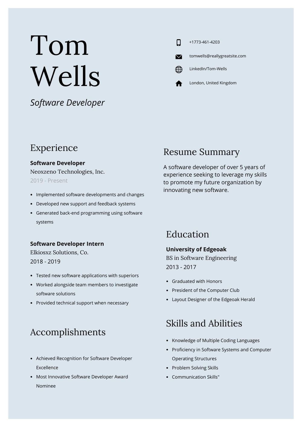 Resume Example for a Software Developer