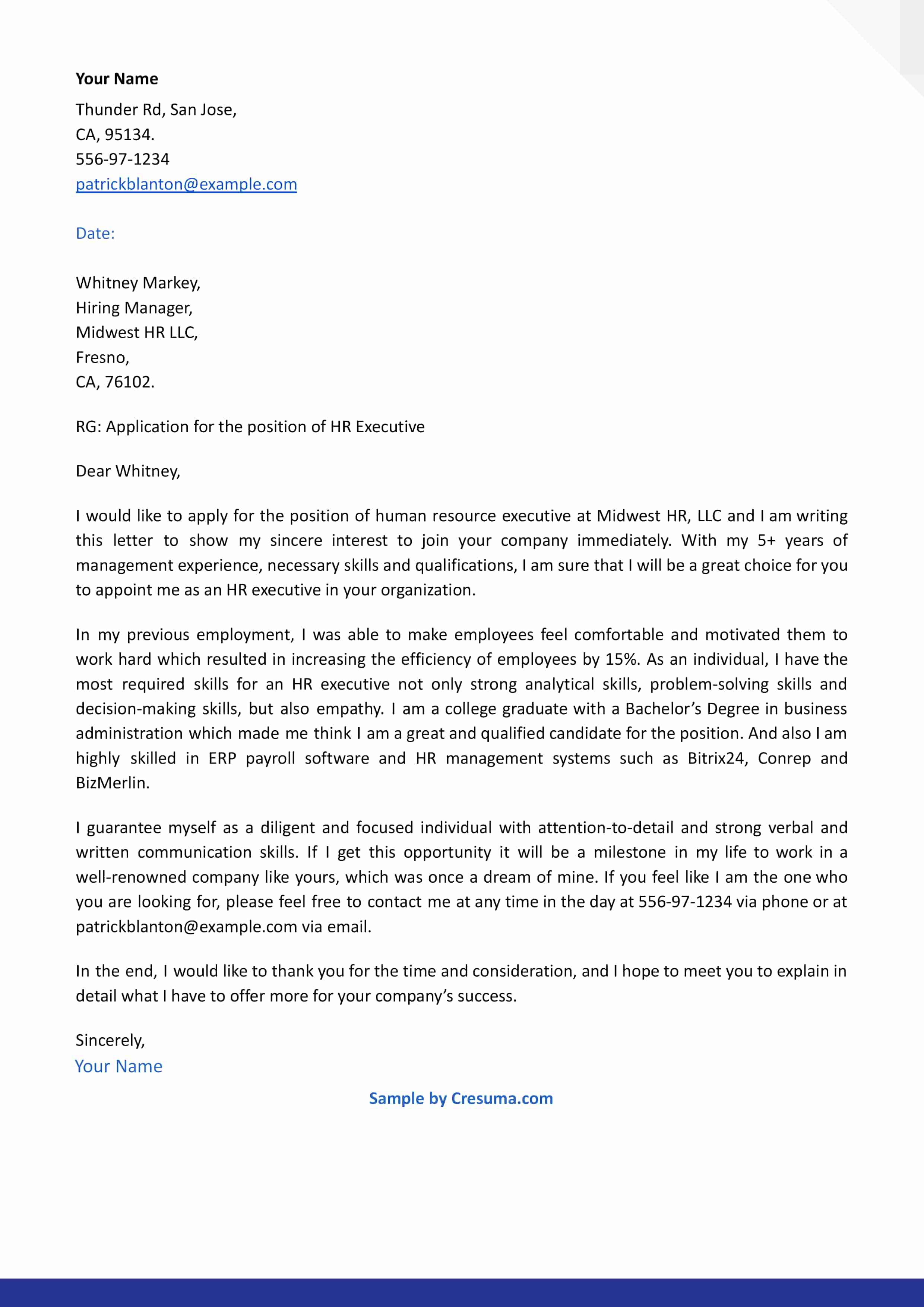 Human Resource (HR) Executive Cover Letter Example