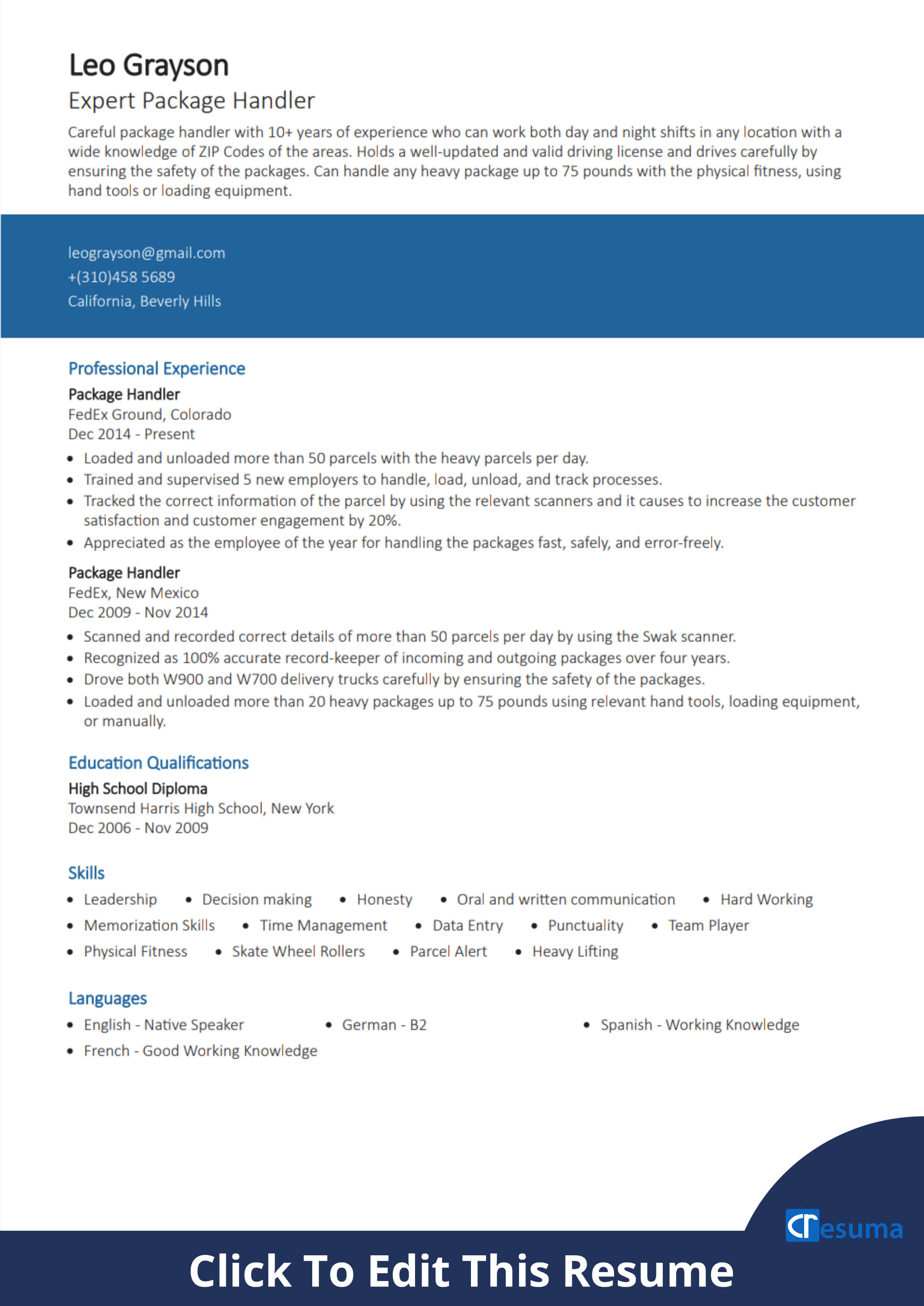 Package Handler Resume Example with Tips & Hacks | Cresuma