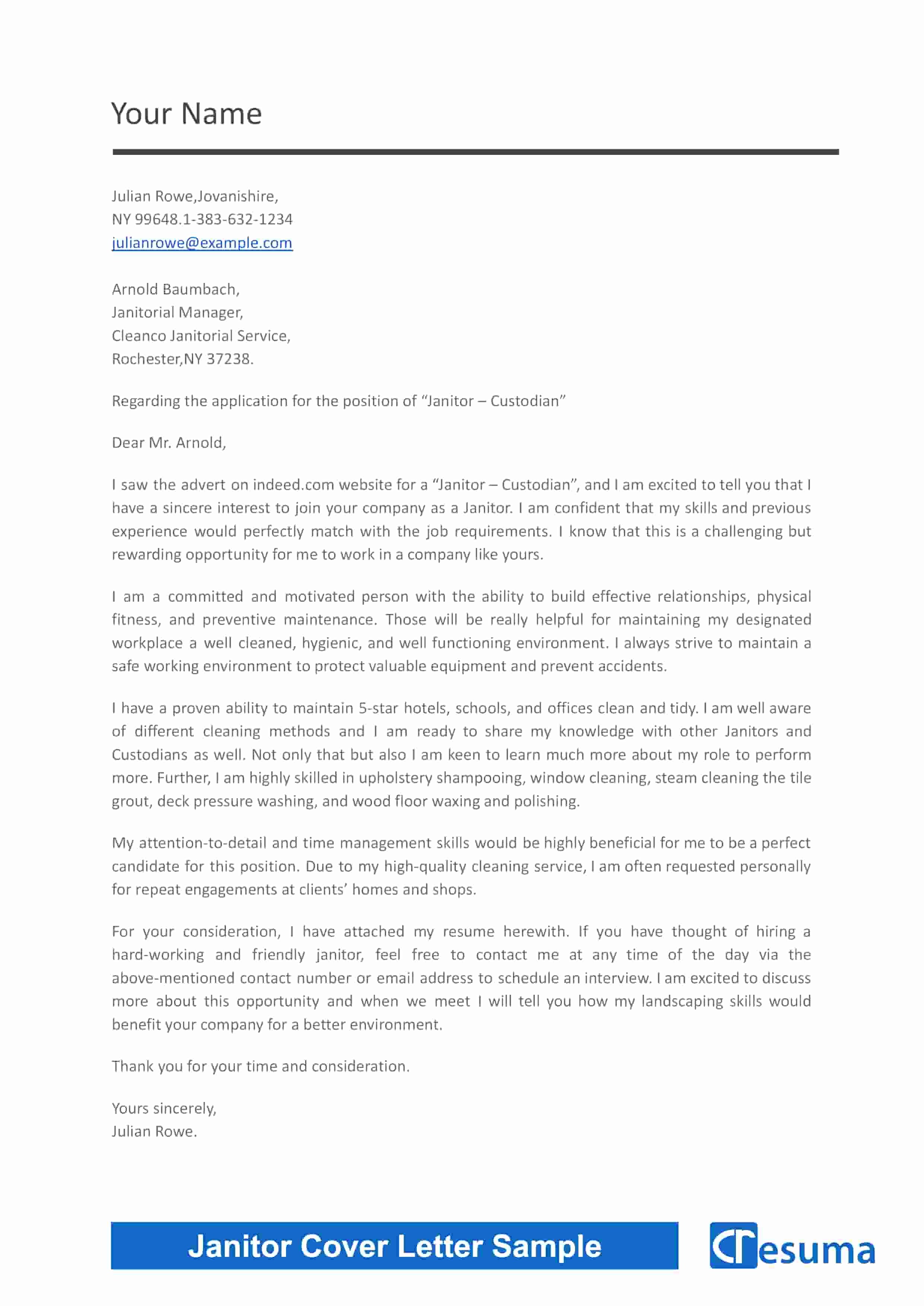 Janitor Cover Letter Example (How to Write Tips) | Cresuma