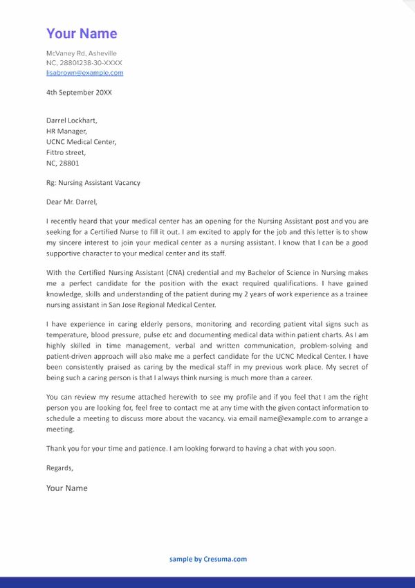 Certified Nursing Assistant Cover Letter Example | Cresuma