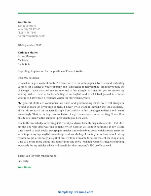 Cover Letter Example for a Content Writer | Cresuma