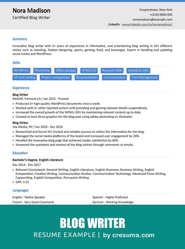 Blog Writer Resume Example with Tips [Writing Guide]