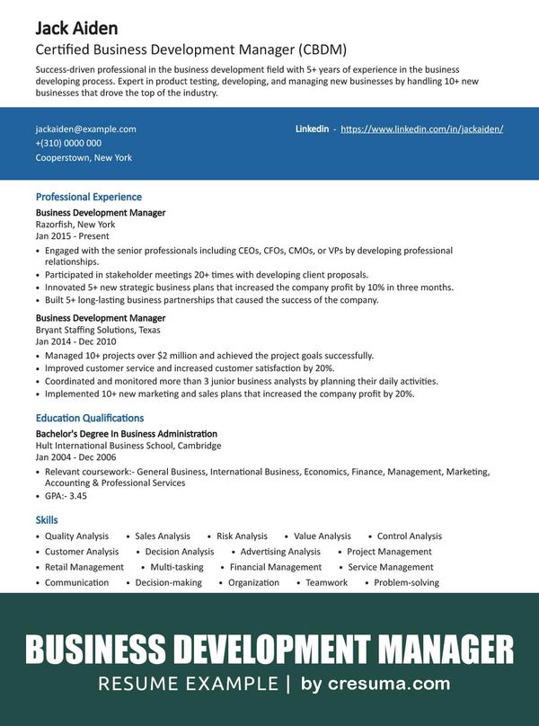 Business Development Manager Resume Example with Tips